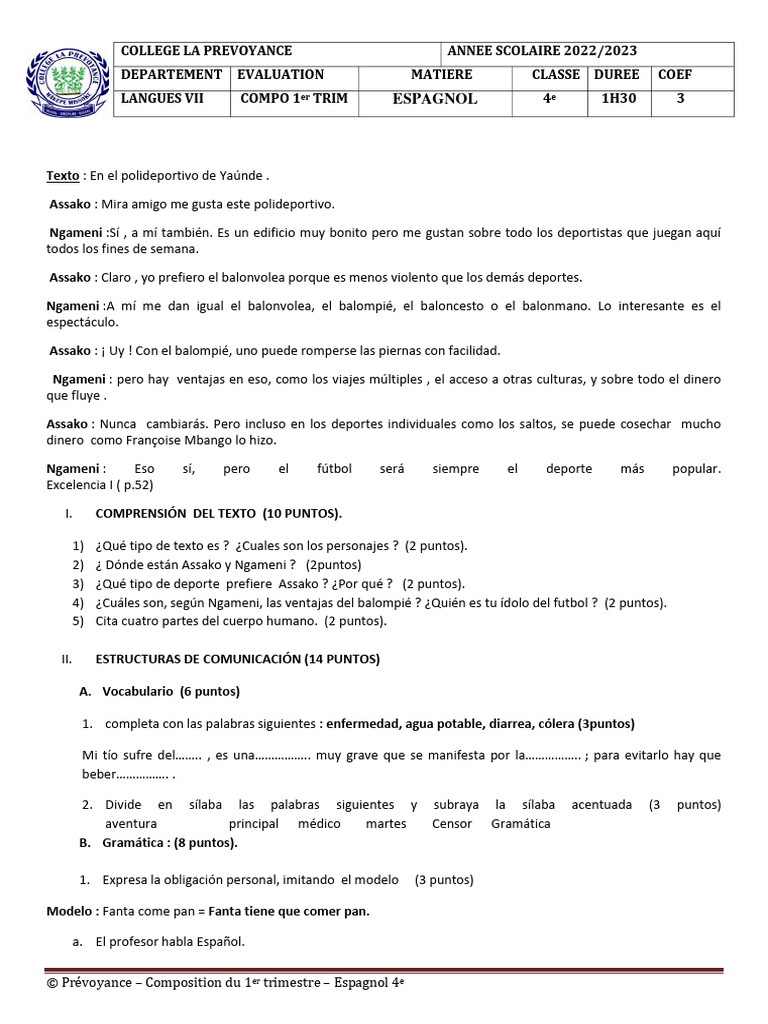 Espagnol-4e Compo Trim 1 22-23 | PDF