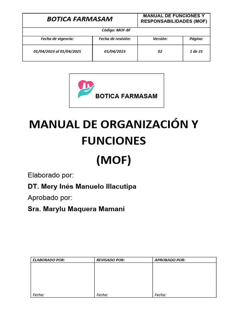 MOF - MANUAL DE ORGANIZACION Y FUNCIONES | PDF | Farmacia | Farmacéutico