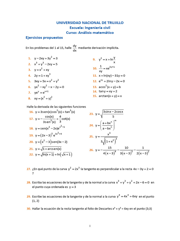 Ejercicios de Derivación Implícita y Tangentes | PDF | Tangente | Línea ...