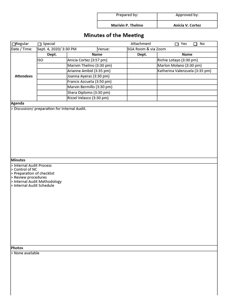 ISO 006 0 - Minutes of The Meeting | PDF | Accounting | Risk