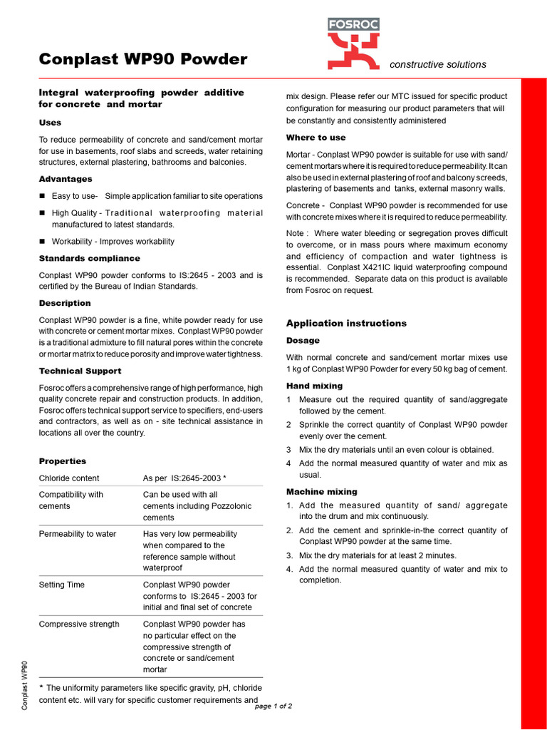 TDS Conplast WP90 Powder India3 | PDF | Concrete | Cement