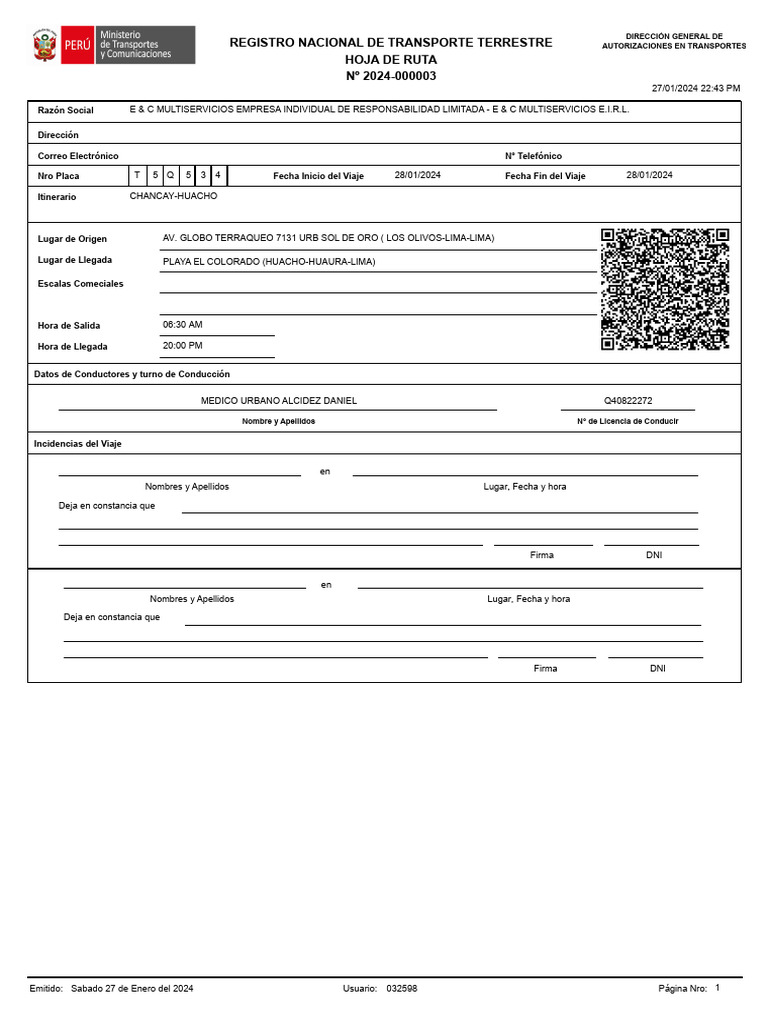 Registro Nacional de Transporte Terrestre Hoja de Ruta #2024-000003 | PDF