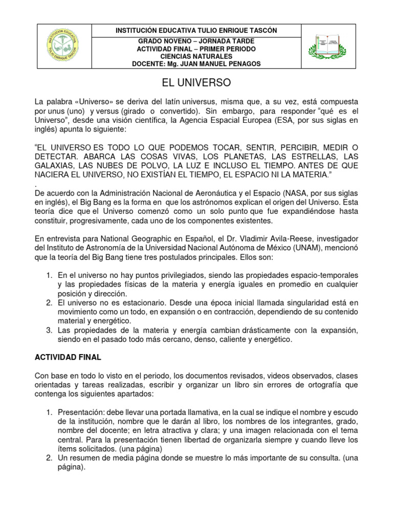 ACTIVIDAD FINAL CIENCIAS NATURALES PRIMER PERIODO GRADO NOVENO | PDF ...