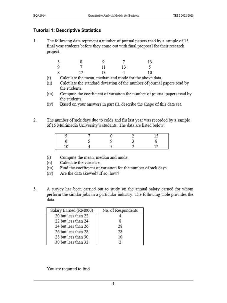 Tutorial 1 | PDF | Median | Statistics