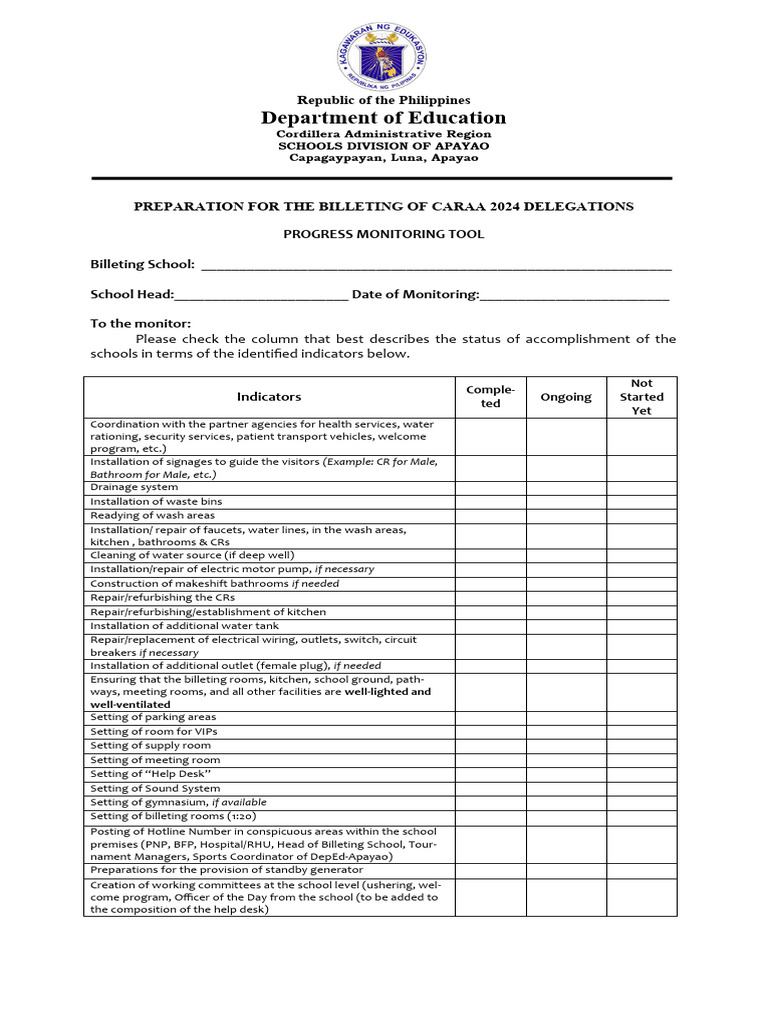 Progress Monitoring Tool For Billeting School Preparation | PDF