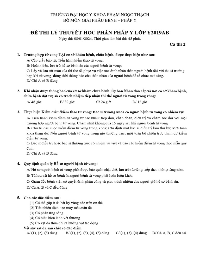 Đề Thi Lý Thuyết Môn Pháp y Ca Thi 2 | PDF