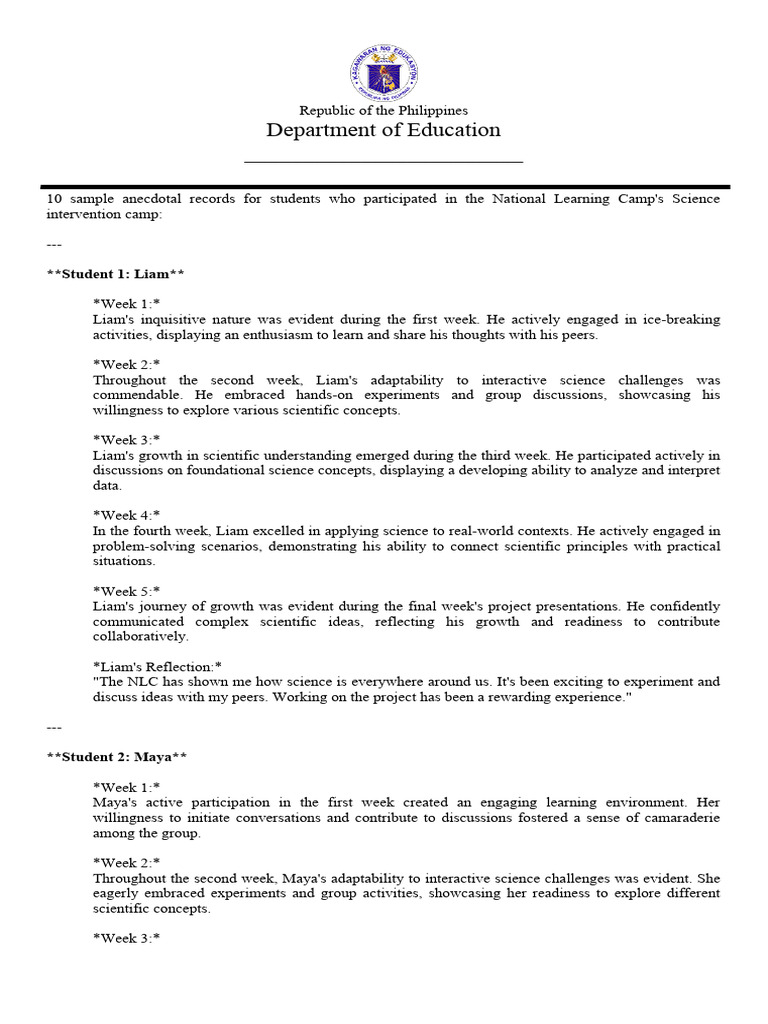 16 Nlc-Science Anecdotal Record Sample | PDF | Science | Learning