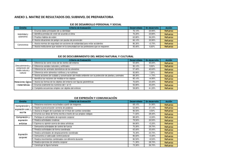 Anexo 1. Matriz de resultados del Subnivel de Preparatoria | PDF