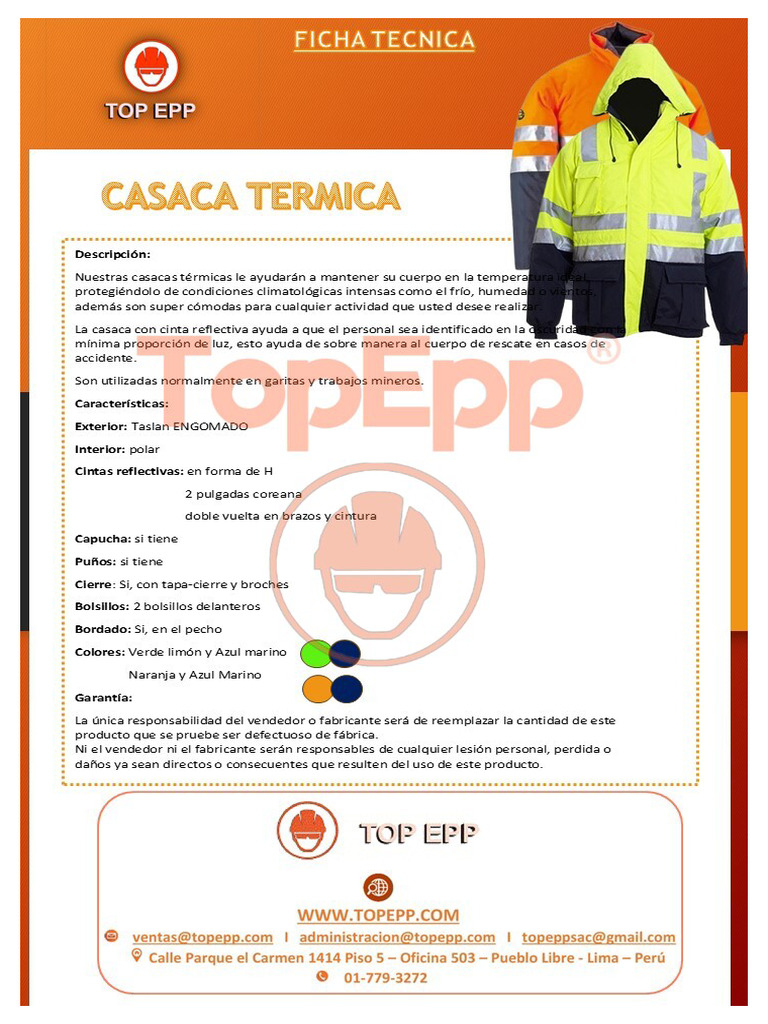 Casaca Termica Verde-Azul y Naranja-Azul - TopEpp S.a.C. | PDF