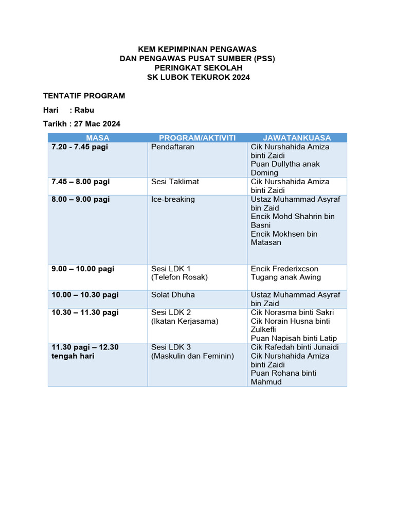Tentatif Program Kem Kepimpinan Pengawas | PDF