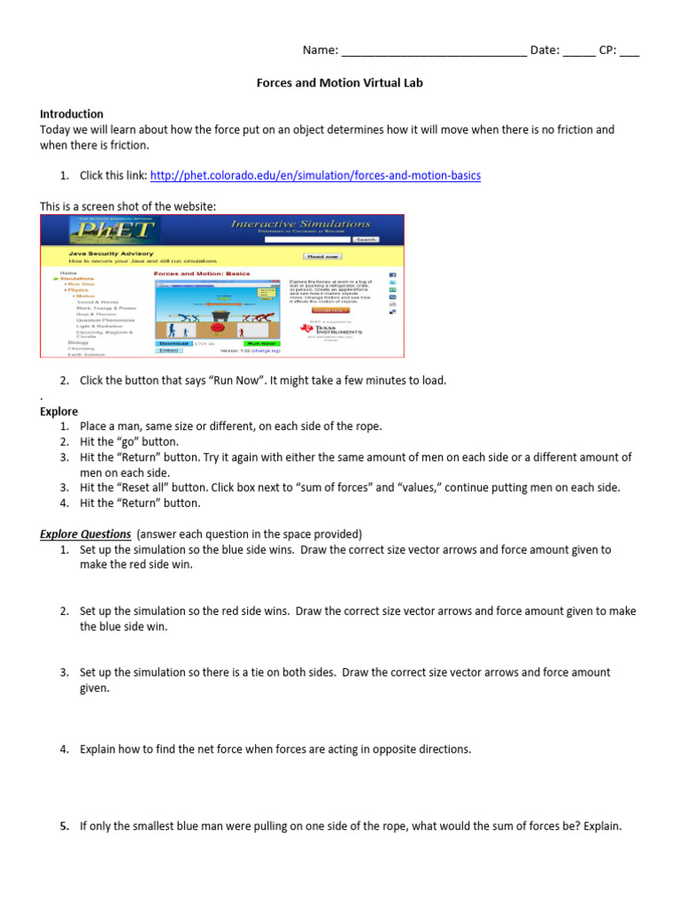 PHET Forces and Motion Virtual - 2024 | PDF | Force | Newton's Laws Of ...