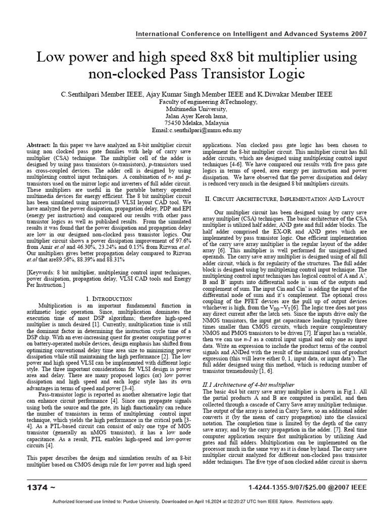 Low Power 8x8 Multiplier Design | PDF | Logic Gate | Cmos