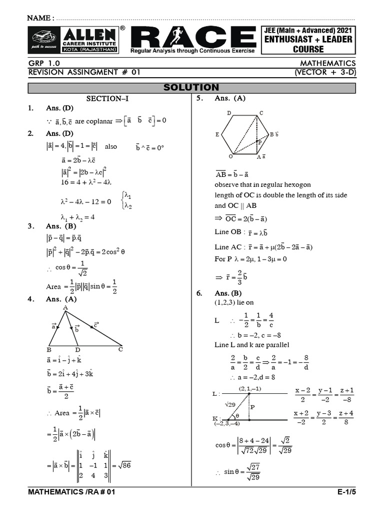 01 RA - (Vector + 3-d) GRP 1.0 Solution | PDF | Elementary Geometry ...