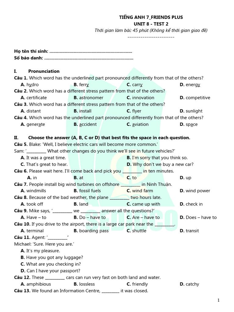 Tieng Anh 7 Friends Plus - Unit 8 - Test 2 | PDF | Energy Development ...