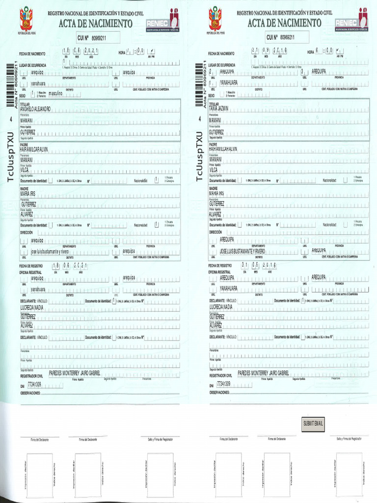 Acta de Nacimiento Anghelo y Tania | PDF