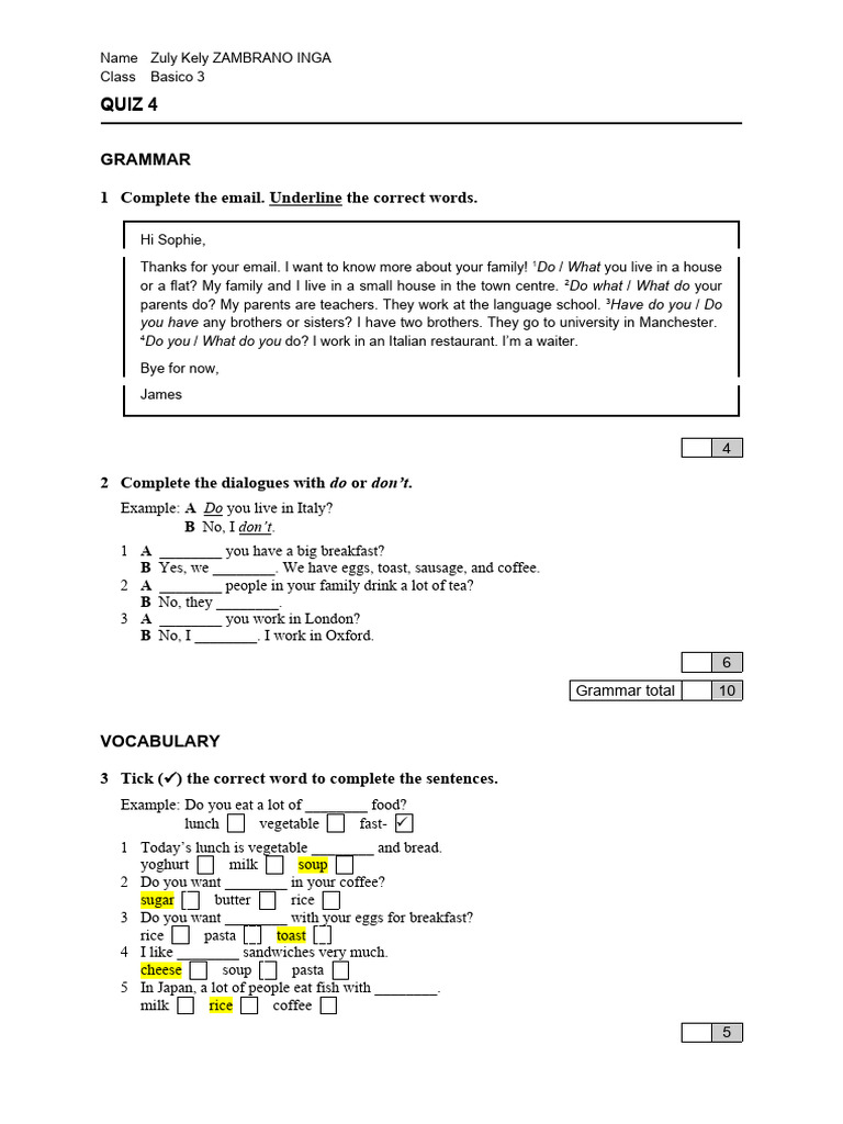 Quiz 4 | PDF | Lunch | English Language