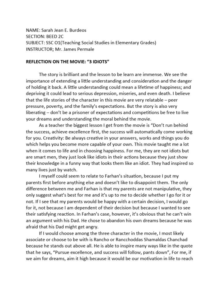 Reflection On The Movie 3 Idiots | PDF | Liberal Arts Education | Social Psychology