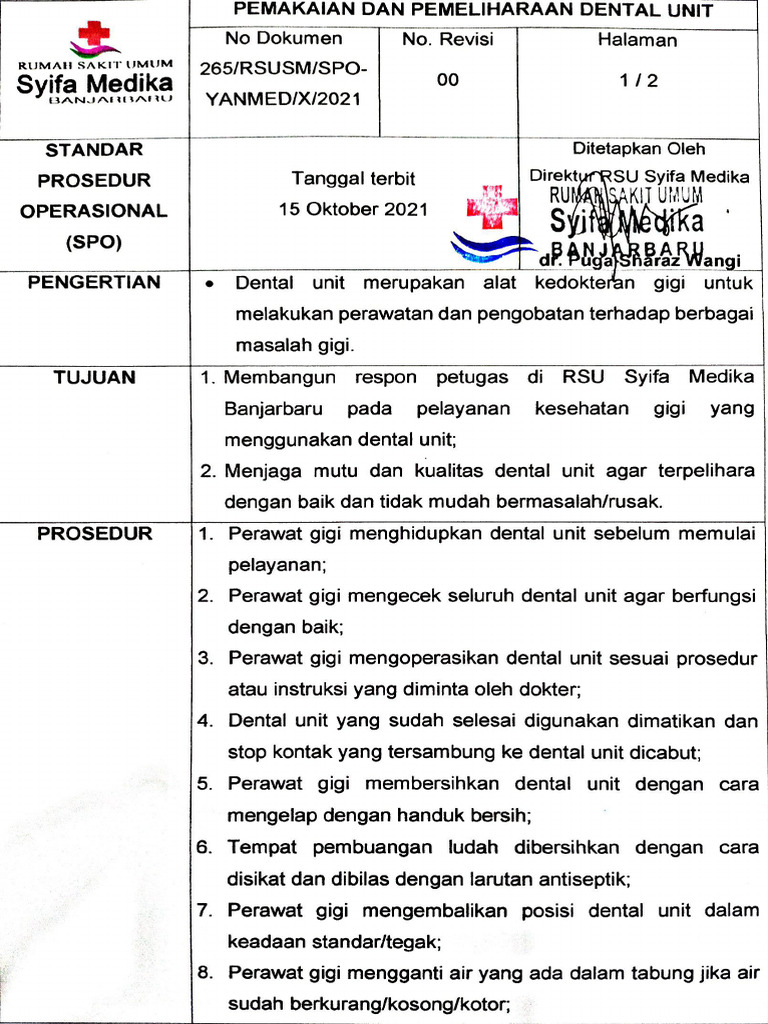SPO Pemakaian Dan Pemeliharaan Dental Unit | PDF