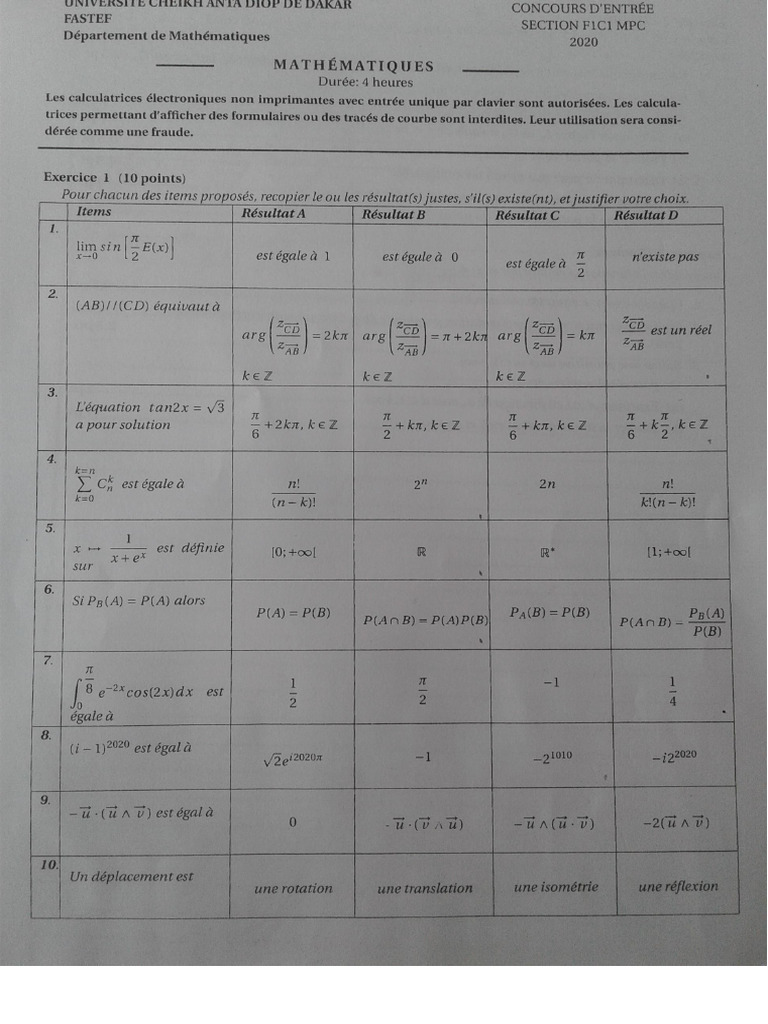 Epreuves Fastef Option Maths PC Et Maths SVT 2020 | PDF