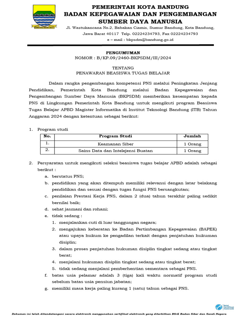 Beasiswa Tugas Belajar PNS Bandung 2024 | PDF