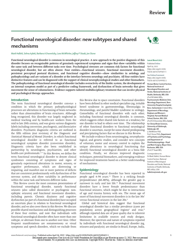 Functional Neurological Disorder New Subtypes and Shared Mechanisms ...