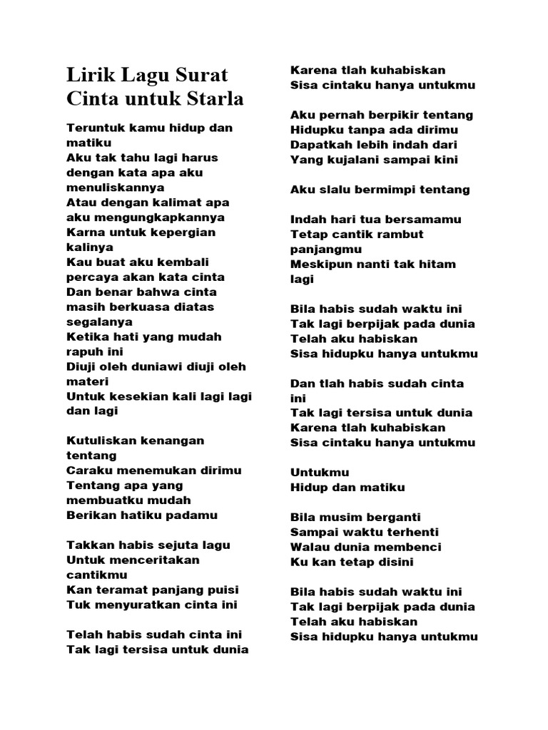 Lirik Lagu Surat Cinta Untuk Starla | PDF