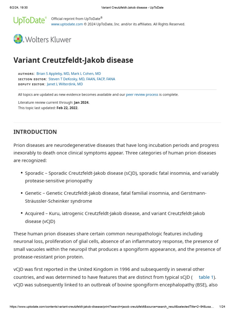 Variant Creutzfeldt-Jakob disease - UpToDate | PDF | Medicine ...