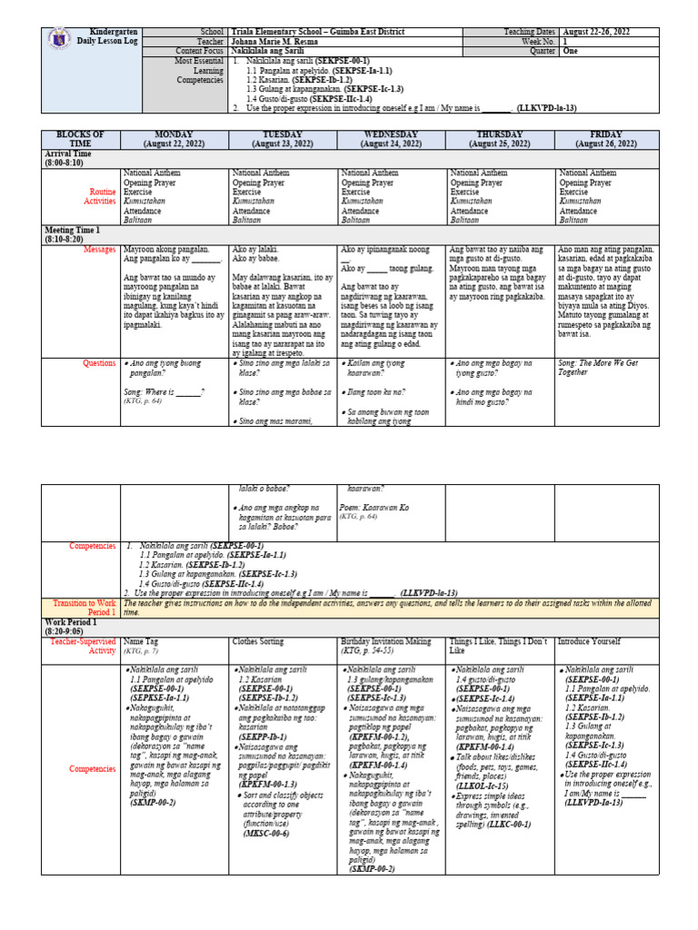 Kindergarten DLL MELC Q1 Week 1 Asf | PDF