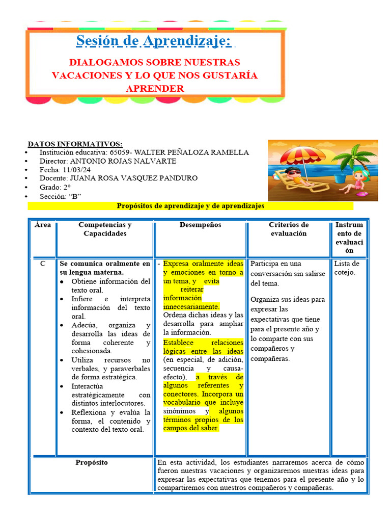 Diálogo sobre Vacaciones y Aprendizajes | PDF | Aprendizaje | Evaluación