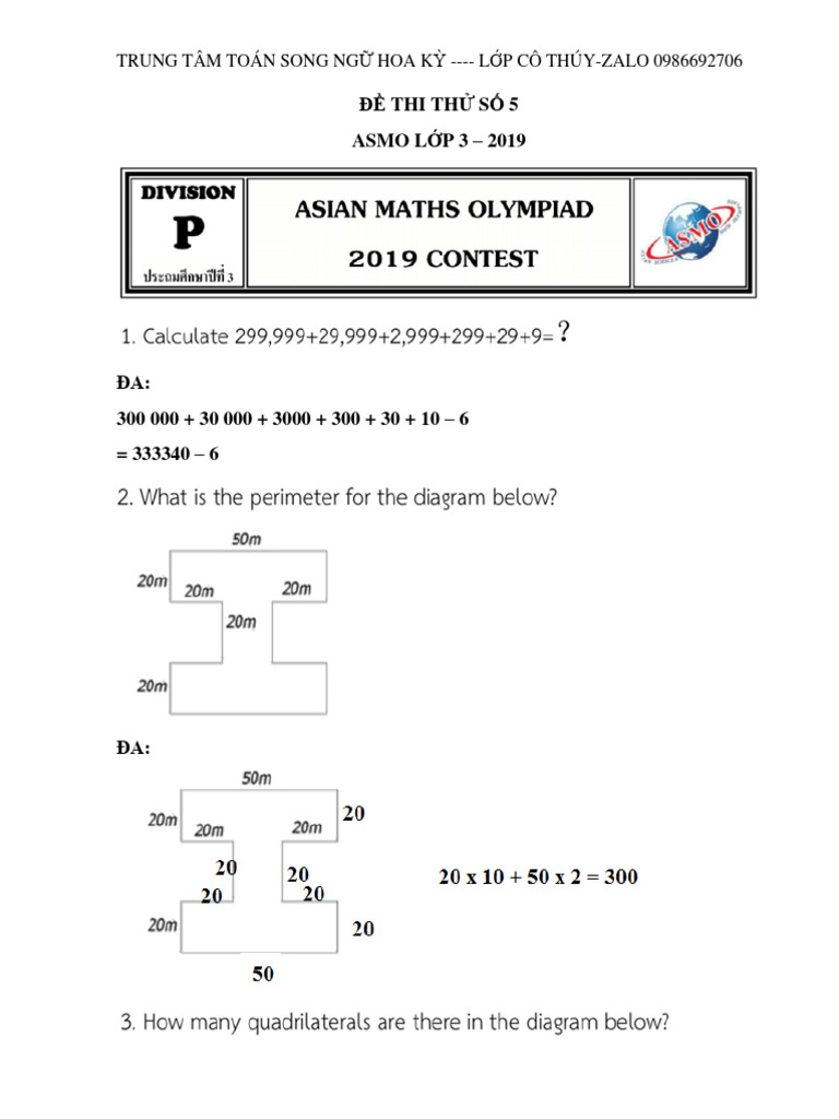 ĐA- THÚY- ĐỀ THI THỬ SỐ 5 ASMO 2019 LỚP 3 | PDF