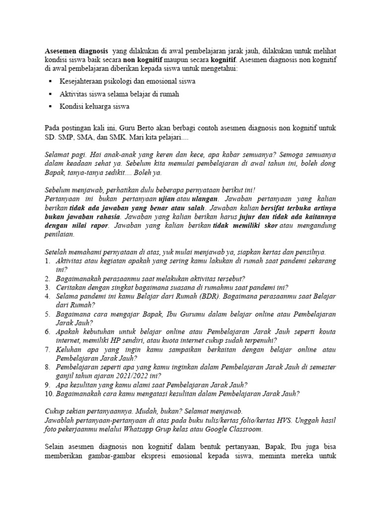 Contoh Asesmen Diagnostik Non Kognitif | PDF