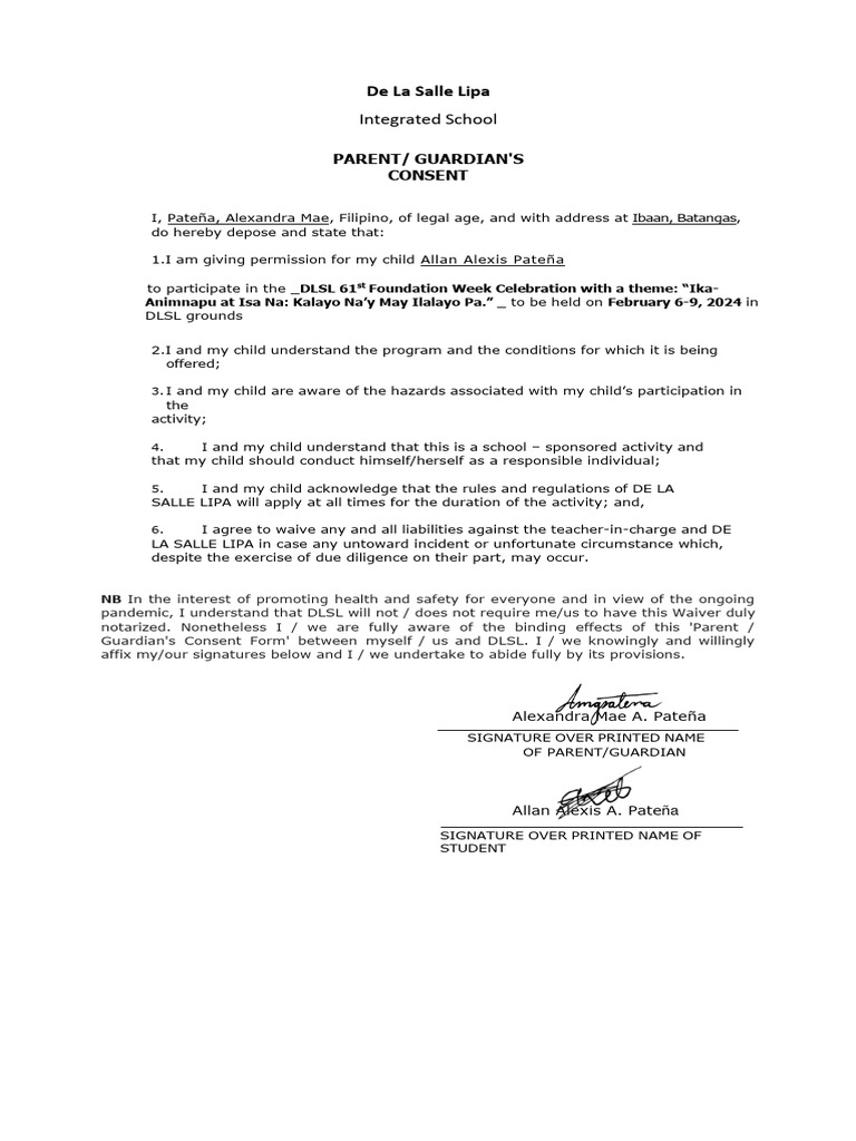 SHS Consent Form 61st Foundation Week Celebration | PDF