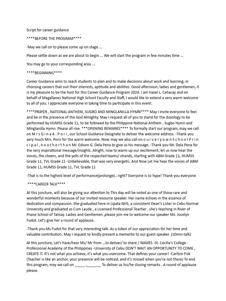 Script For Career Guidance | PDF | Language Arts & Discipline | Foreign Language Studies