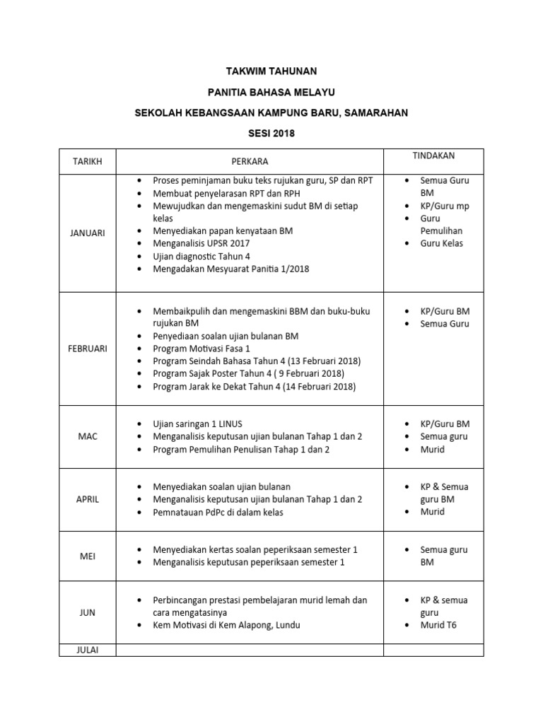 Takwim Tahunan Panitia BM | PDF