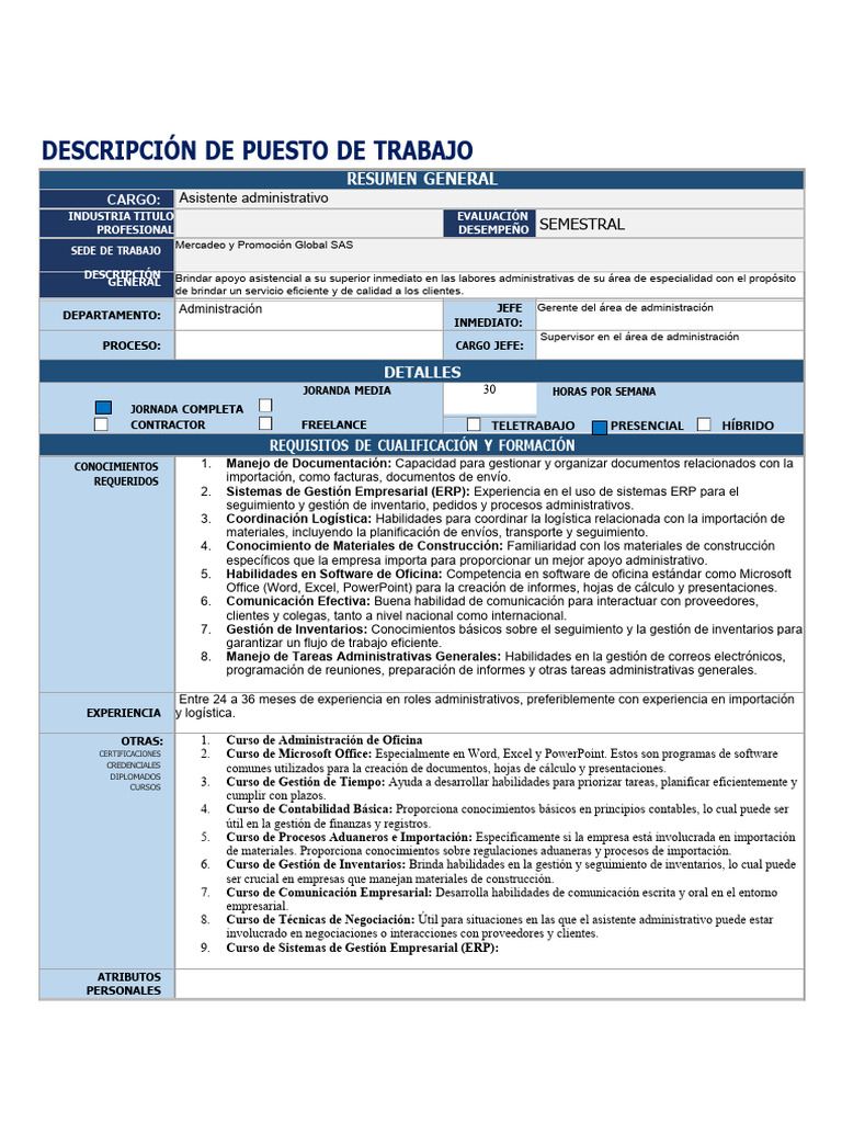 Formato de Descripción de Puestos | PDF | Planificación de recursos empresariales | Logística