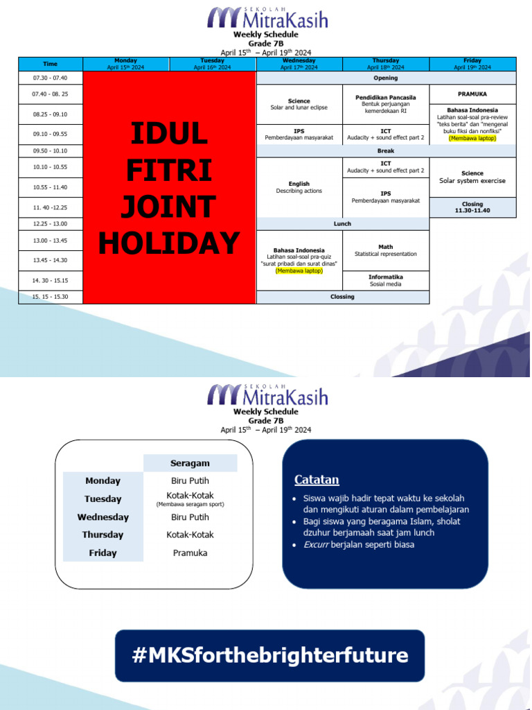 7B Weekly Schedule April 15th - April 19th 2024 | PDF