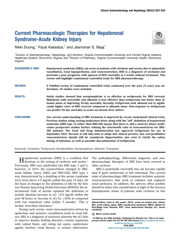 Current Pharmacologic Therapies For Hepatorenal Syndrome Acute Kidney ...