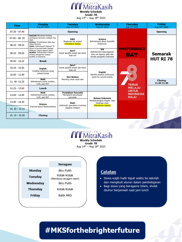 7B Weekly Schedule Aug 14th - Aug 18th 2023 | PDF