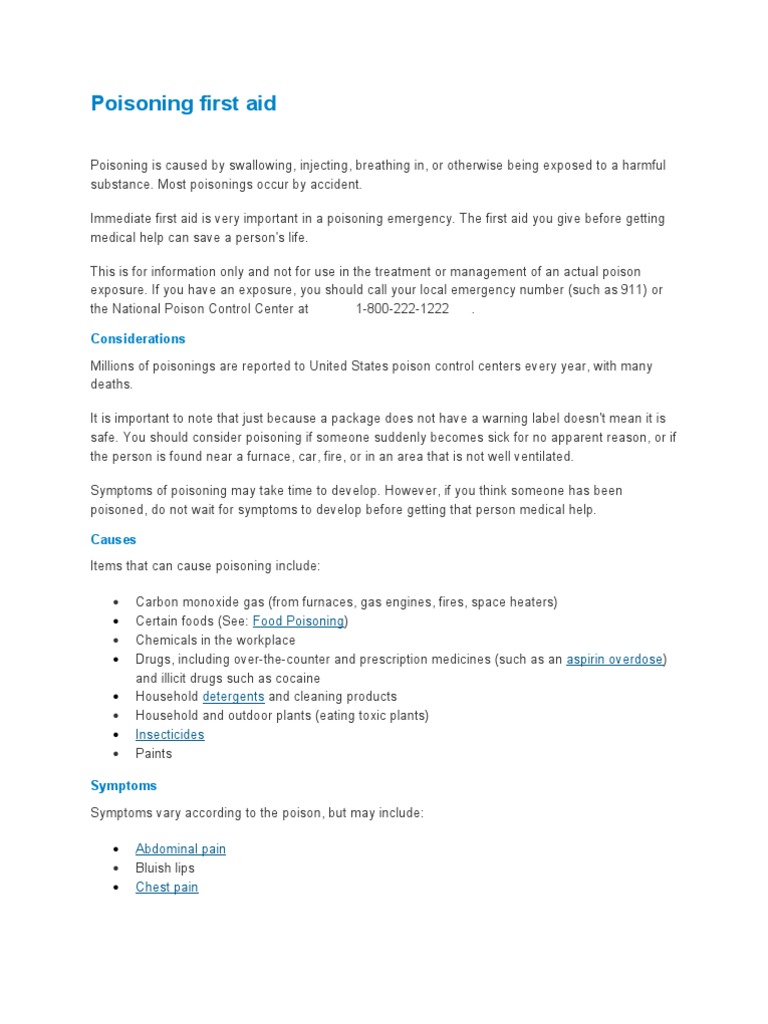 Poisoning First Aid | PDF | Poison | Vomiting