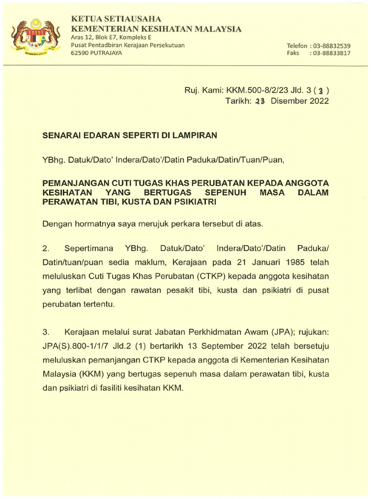 Pemanjangan Cuti Tugas Khas Perubatan Kepada Anggota Kesihatan Yang ...