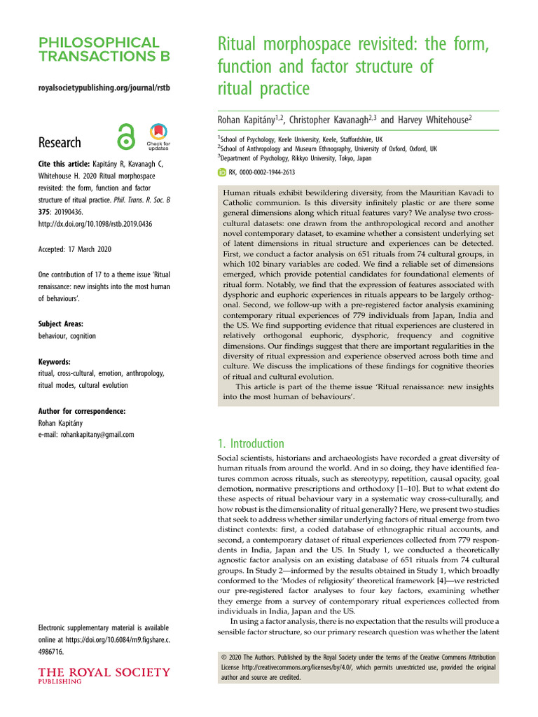 kapitany 2020 ritual morphospace revisited | PDF | Factor Analysis | Rituals