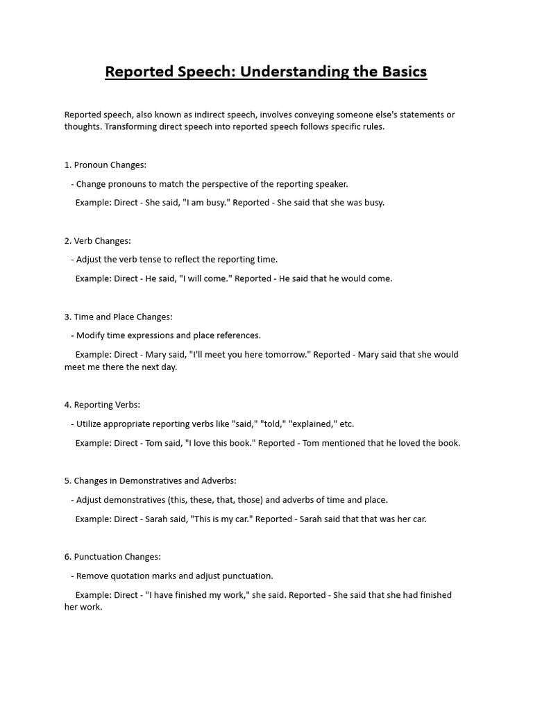 Reported Speech - Short Notes | PDF | Verb | Semantics