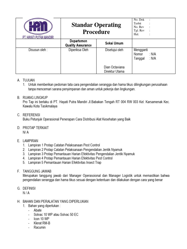 Standar Operating Procedure - Pest Control | PDF