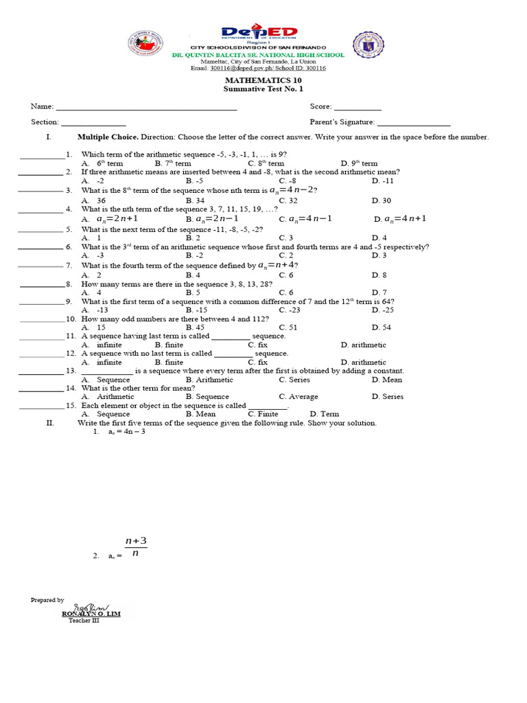 Summative Test 1 | PDF | Sequence | Mathematics