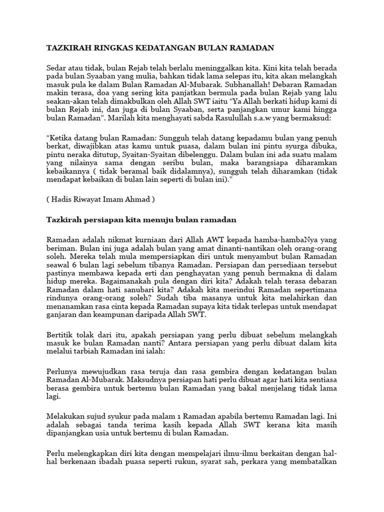Tazkirah Persiapan Menyambut Ramadan | PDF