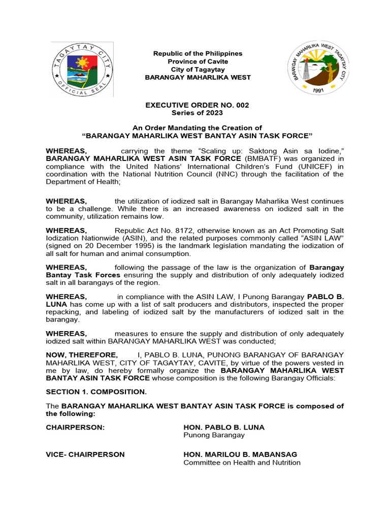 Barangay Maharlika West ASIN Task Force | PDF | Salt