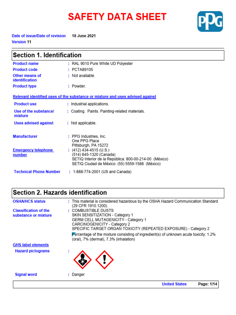 MSDS PCTA89105 RAL 9010 Pure White UD Polyester | PDF | Toxicity ...