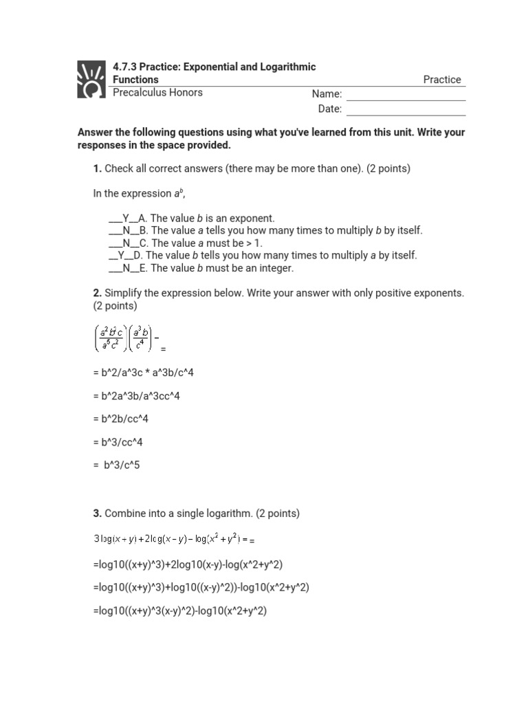 4.7.3 Practice - Exponential and Logarithmic Functions (Practice) - 2 ...