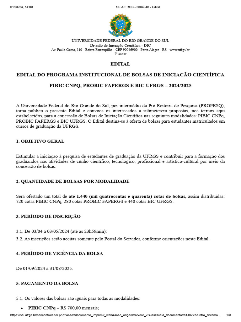 Edital PIBIC, PROBIC e BIC UFRGS 2024/2025 | PDF | Conta de transação ...