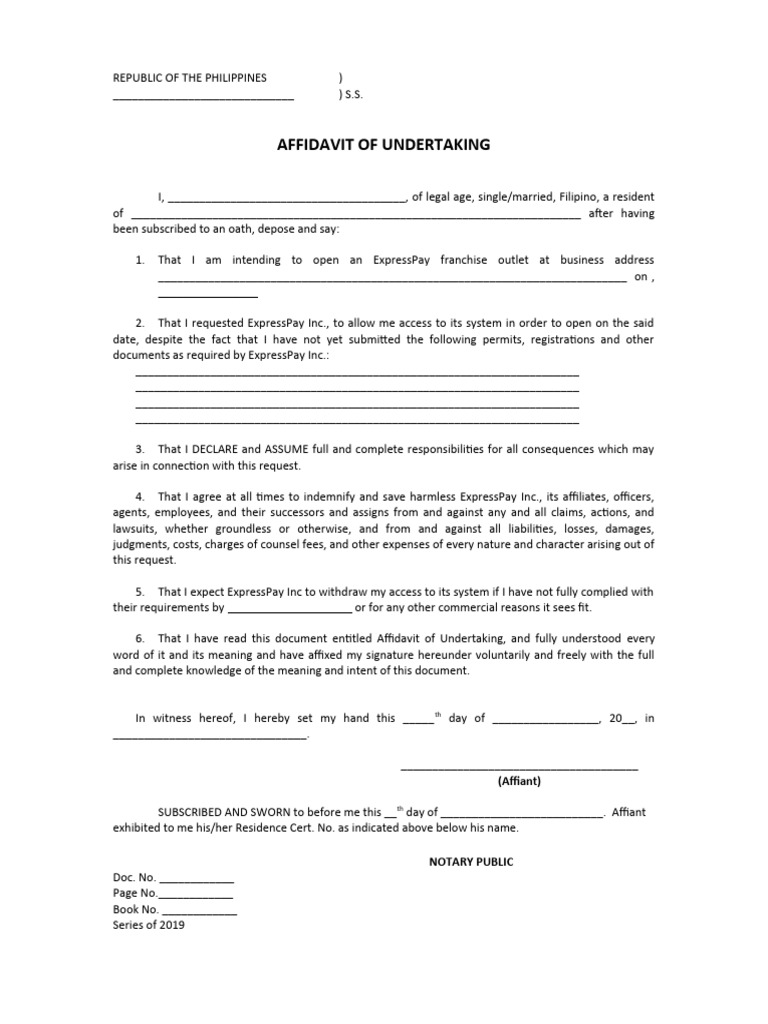 Affidavit of Undertaking - Permits | PDF | Affidavit | Civil Law ...